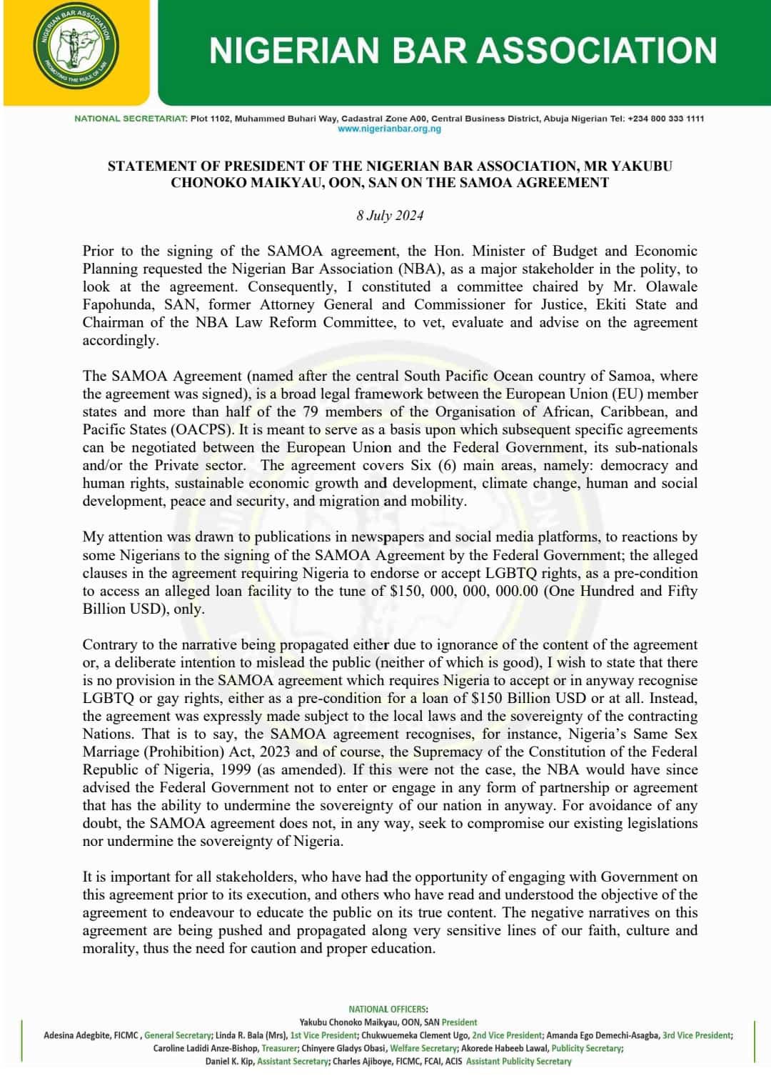 SAMOA-LGBTQ Agreement: NBA saves Federal Government’s blushes – Meiza